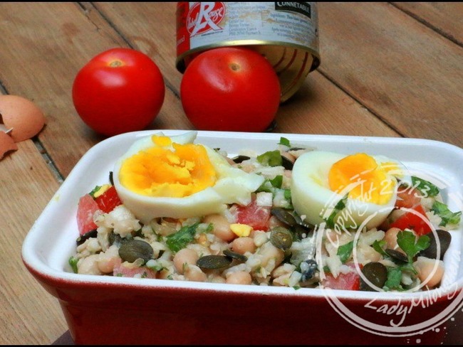 Salade de riz complète, aux haricots blancs, thon et œufs - Recette par ...
